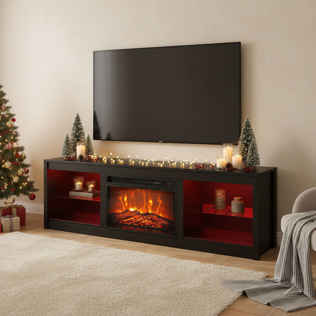 114cm Corner TV Unit with Electric Fire Console Table with 2 Metal Mesh ...
